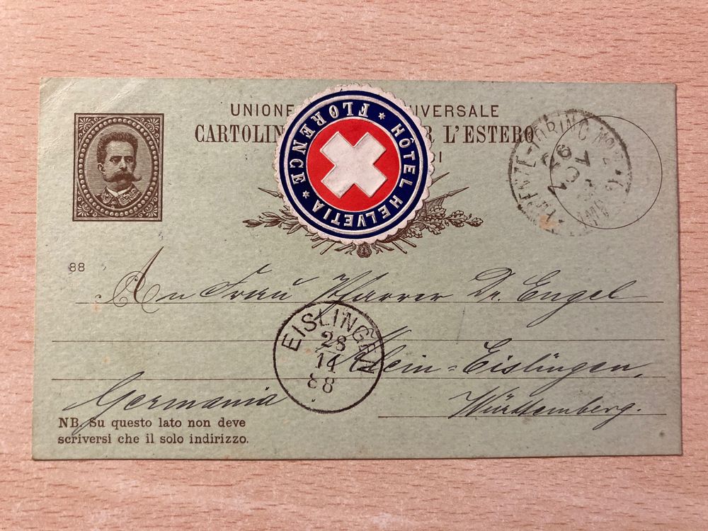 1888: HÔTEL-Vign. "Helvetia" in Florenz a. Karte nach DE (Gebraucht) in ...