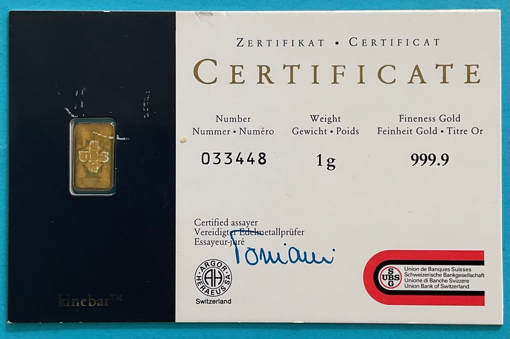 Schöner 1 Gramm Goldbarren 999.9 Fine Gold UBS SBG (Neu (gemäss ...