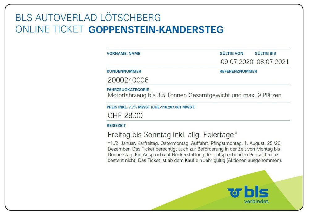 BLS Autoverlad Lötschberg - OnlineTicket (Neu (gemäss Beschreibung)) in ...
