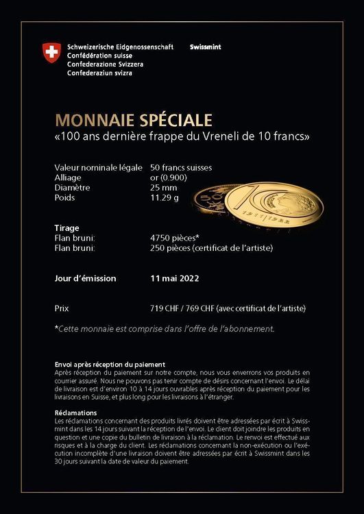 Swissmint 50CHF Vreneli 100 Jahre gold 2022, 100 ans Vreneli | Kaufen ...