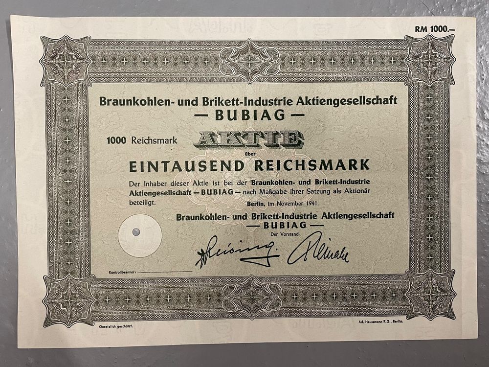 Sammleraktie Braunkohle Berlin 1941 über 1000 Reichsmark (Gebraucht) in ...