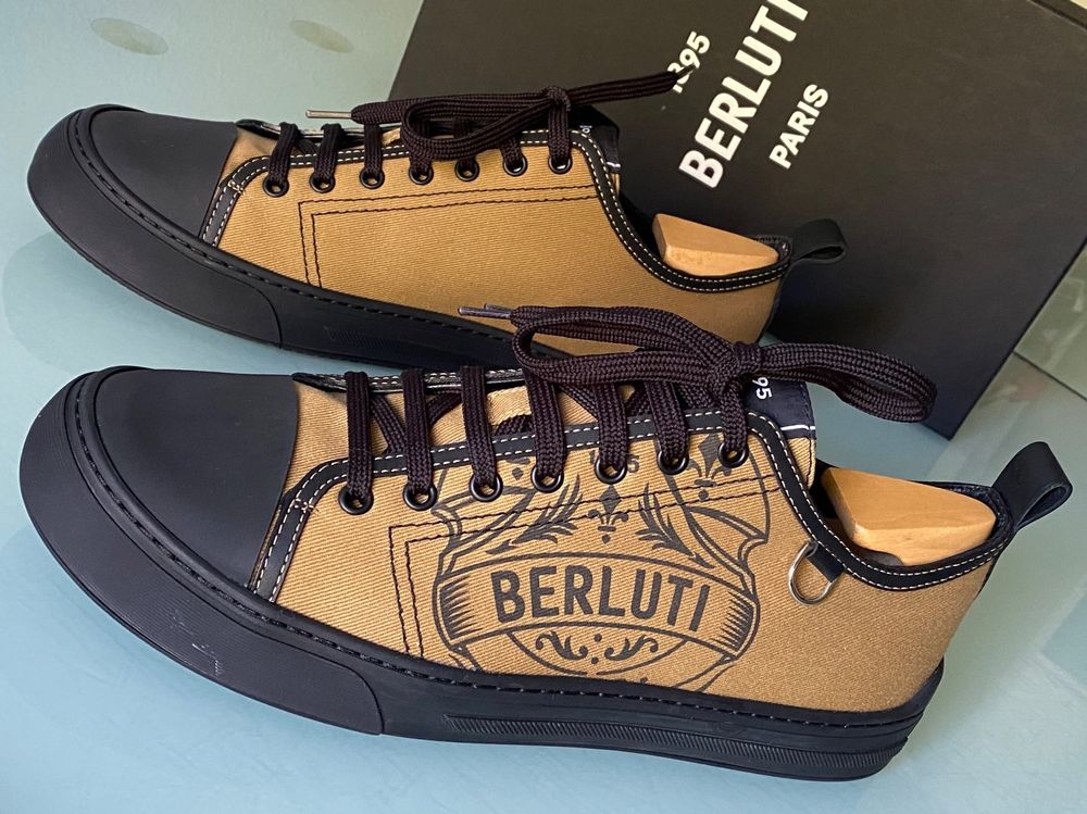 BERLUTI Playground Logo Print Canvas Leder Sneakers 43 NEUE (Gebraucht ...