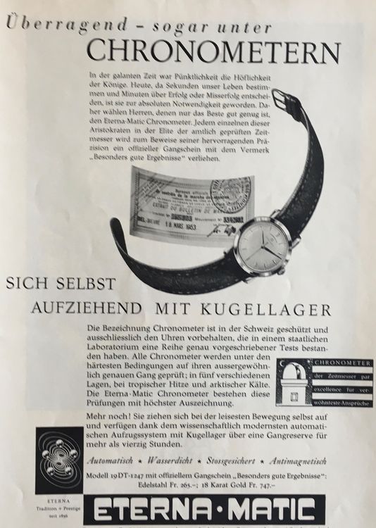 Grosse Vintage Reklame, Eterna, Grenchen, 1954 | Kaufen auf Ricardo