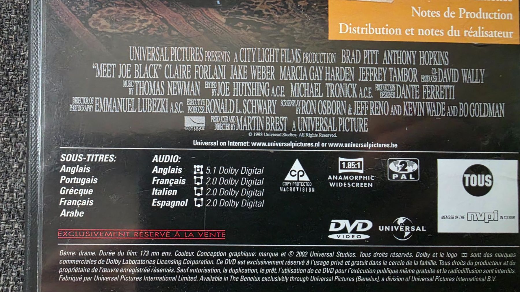 Rencontre avec Joe Black - Brad Pitt (D'occasion) à Bionnens pour CHF 3 ...