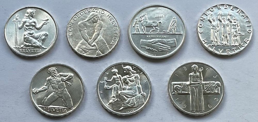 Alle 7 Schweizer Silber 5 Franken-Gedenkmünzen 1936 bis 1963 (Gebraucht) in Zuerich für CHF 198 ...