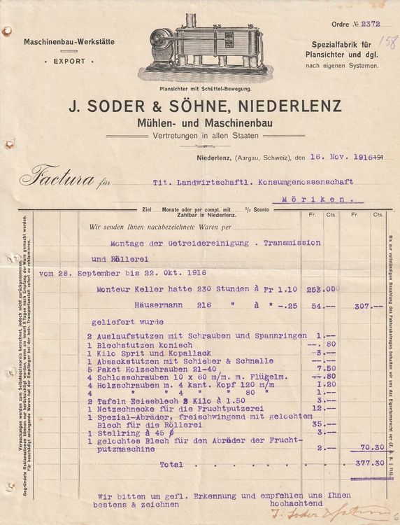 Briefkopf J Soder Söhne Niederlenz 1916 (Gebraucht) in Rupperswil für ...