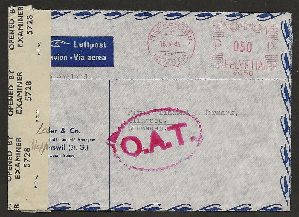 Flugpost Schweiz 1945 OAT Rapperswil Schweden Luftpost | Kaufen auf Ricardo
