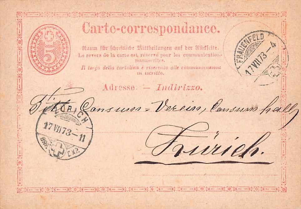 antike Schweizer Postkarte 1874 - FRAUENFELD - ab 1.-- (Gebraucht) in Lufingen für CHF 1 – mit ...
