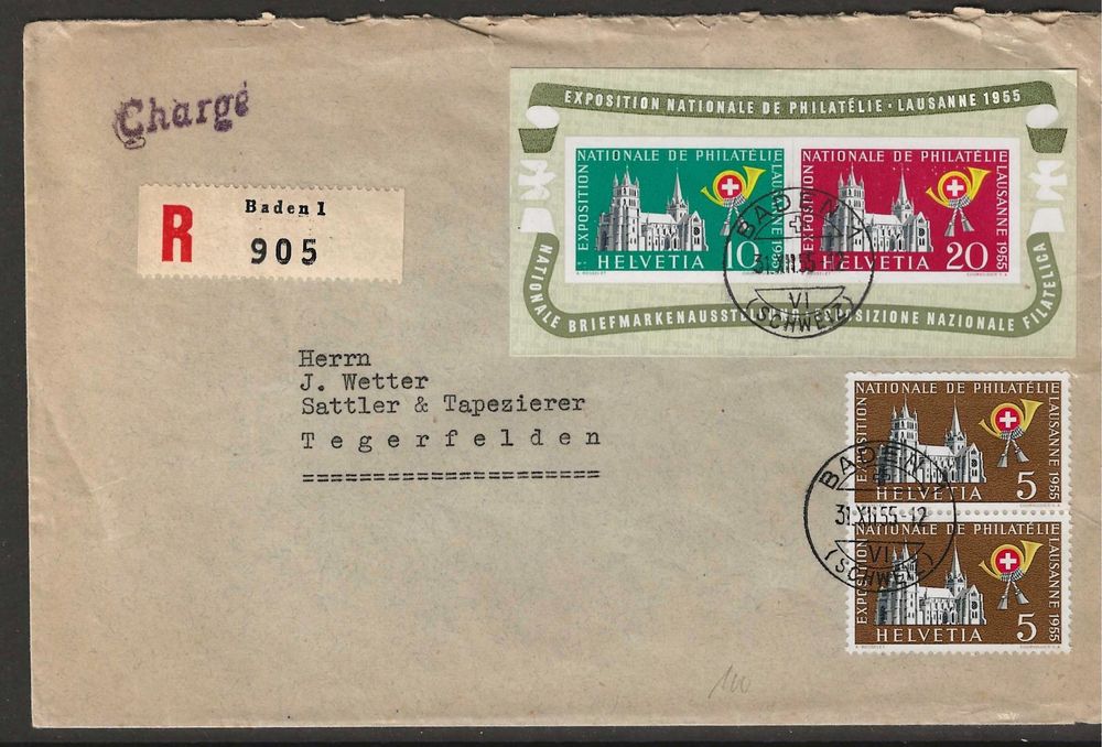 1955 : Block W35 auf R-Brief von Baden (Gebraucht) in Gümligen für CHF 10 – mit Lieferung auf ...