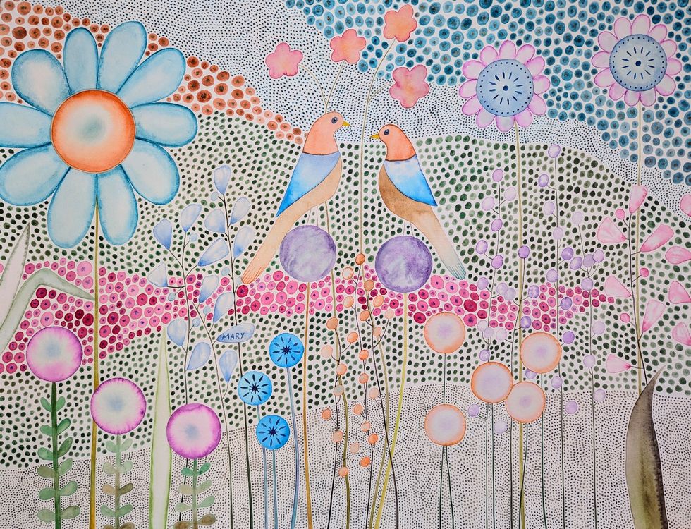 Original Aquarell "two little birds ll" Bild Vögel Blumen (Neu und originalverpackt) in ...