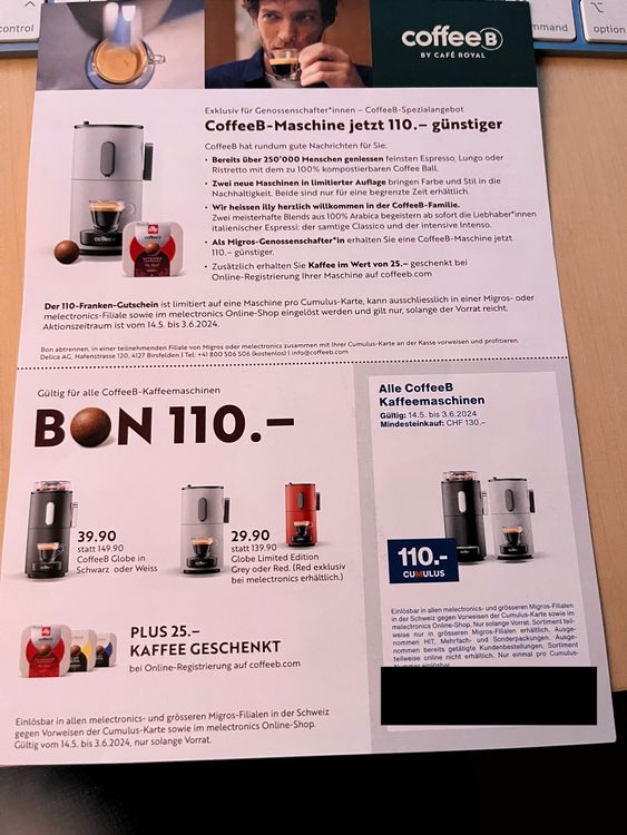CoffeeB Gutschein 110 Fr. Migros, Kaffee Kugeln, Café Royal (Neu (gemäss Beschreibung)) in ...