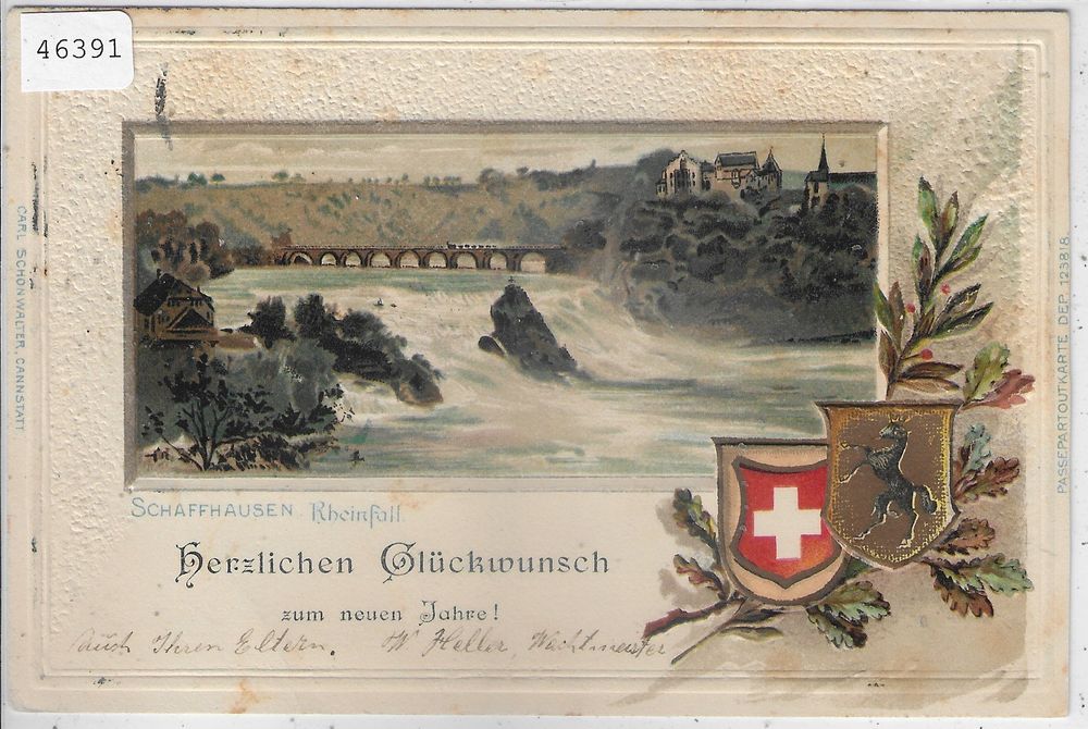 Schaffhausen - Rheinfall Glückwunsch Jahr - Präge-Litho (Gebraucht) in Ettingen für CHF 5 – mit ...