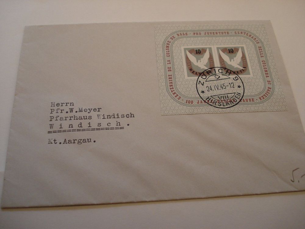 gelaufener Brief Block 1945 , Basler Taube. o Zürich Hirslan | Kaufen ...