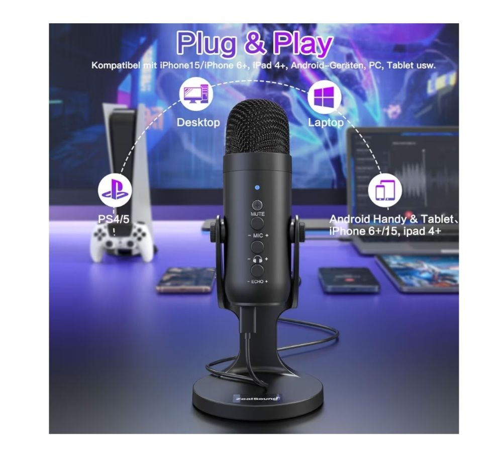 ZealSound USB Mikrofon für PC Mac iPhone Android PS5– Rausch (Neu ...