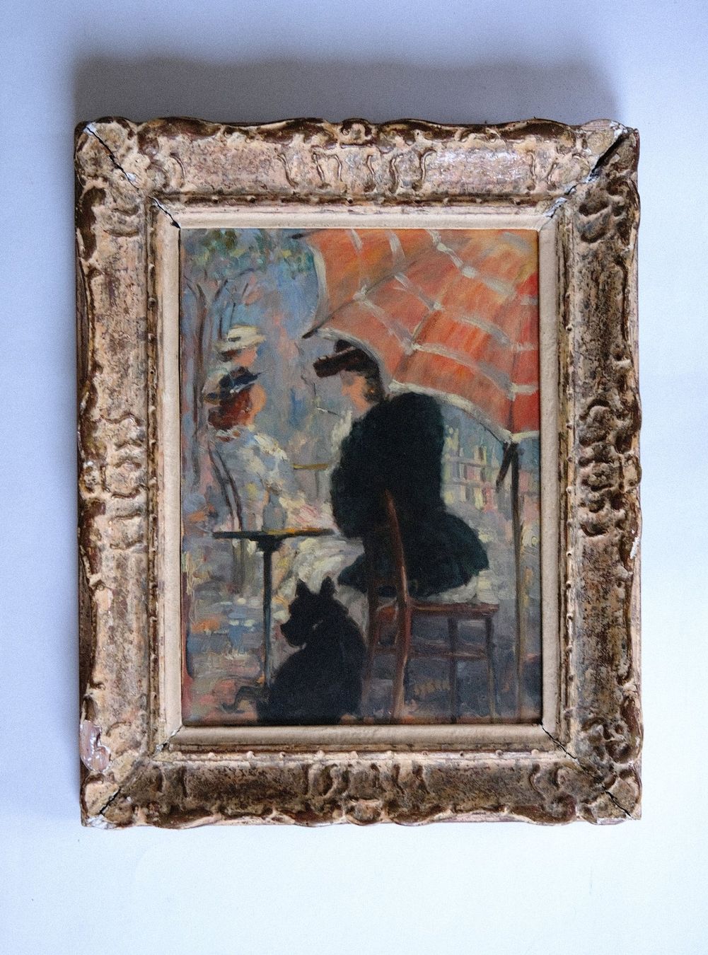 Ölbild in Barockrahmen. Sous le parasol. Frau mit Hund. 1947 (Gebraucht ...