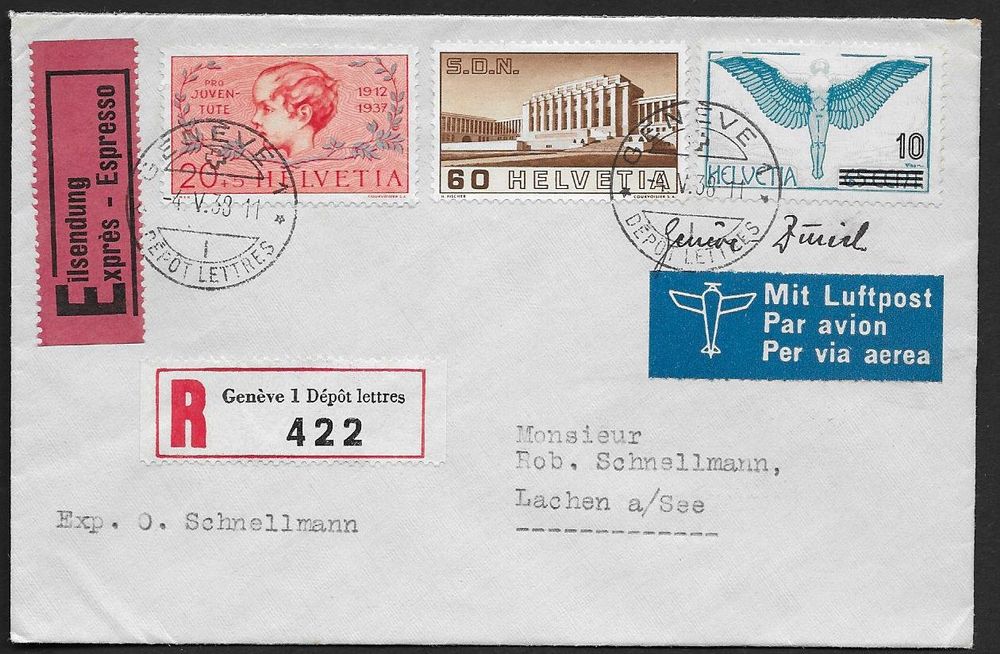 1938 R/Exp. Brief Luftpost Genève-Zürich Top Frankat. ab 1.- (Gebraucht) in Zürich für CHF 1 ...