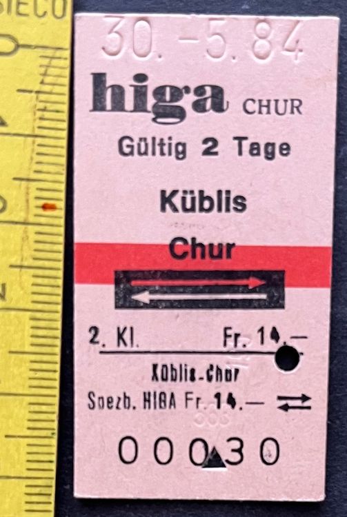 Higa CHUR Gültig 2 Tage Küblis Chur/ 1984 | Kaufen auf Ricardo