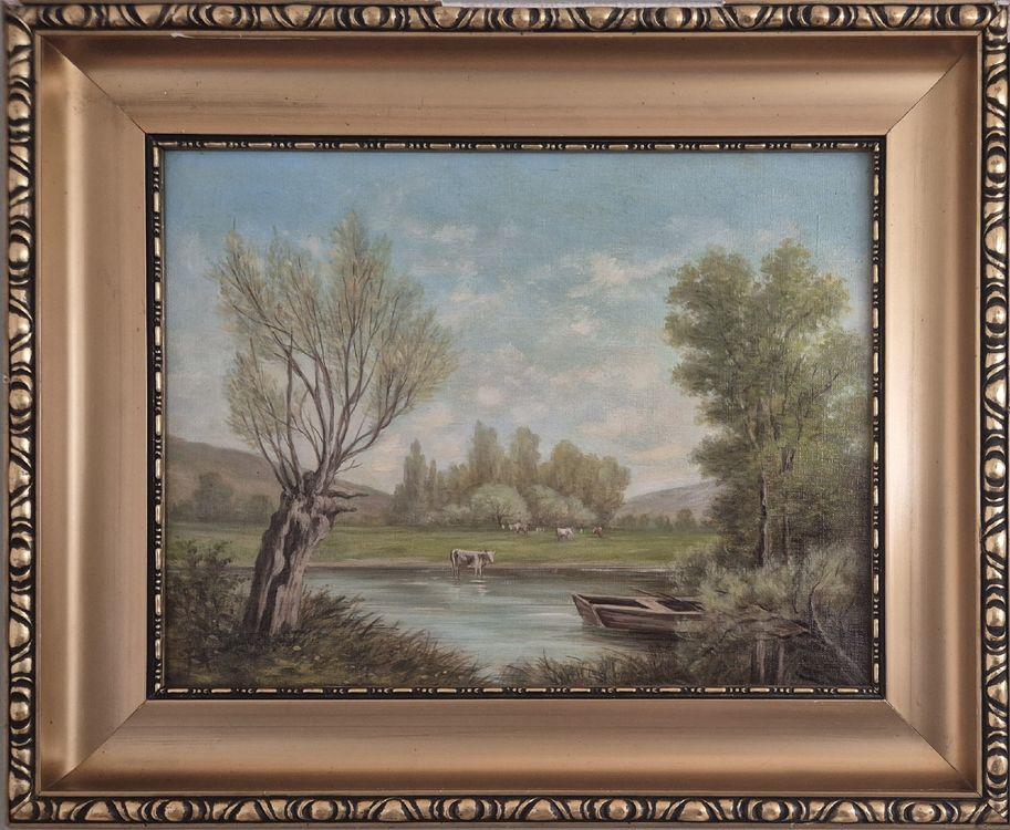 Tableau ancien signé "paysage champêtre" rivière vaches (Gebraucht) in Tramelan für CHF 60 – mit ...