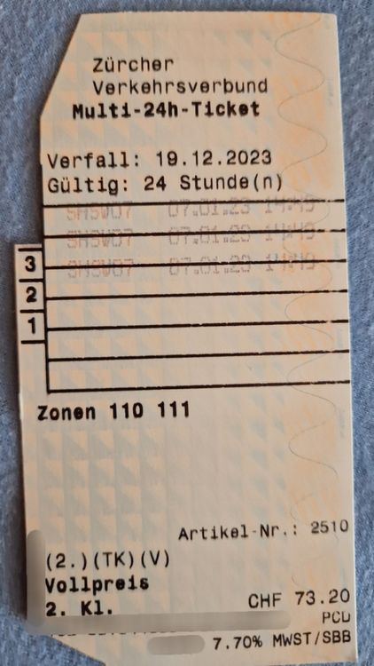 ZVV Multi-24h-Ticket, 3 Streifen übrig, Zonen 111+ 110 | Kaufen auf Ricardo