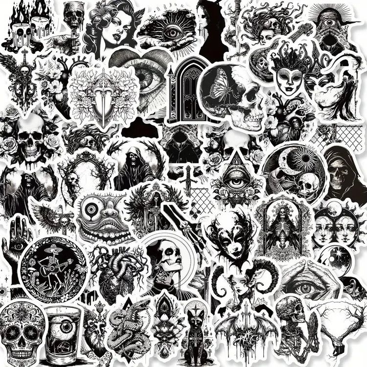 50 Stk. Sticker Aufkleber - Schwarz Weiss Gothic Stil (Neu und ...