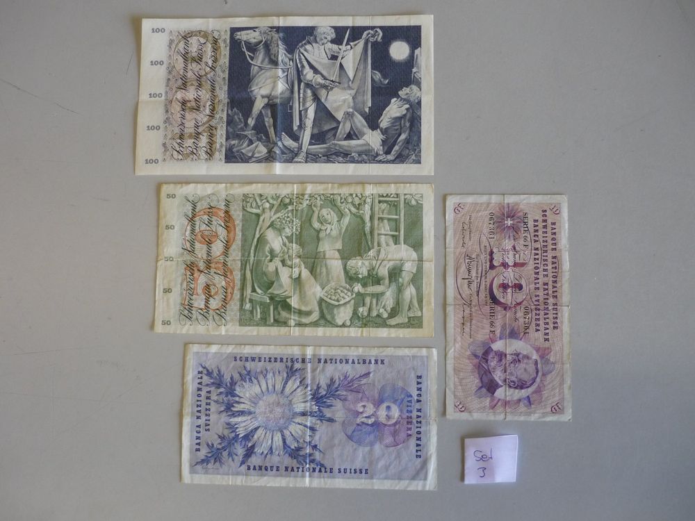 4 alte Schweizer Banknoten (Set 3)100 50 20 10 Franken Noten (Gebraucht ...