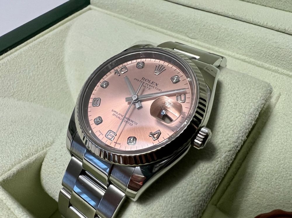ROLEX Oyster Date 34mm - Pink dial - Diamond hour markers | Kaufen auf ...