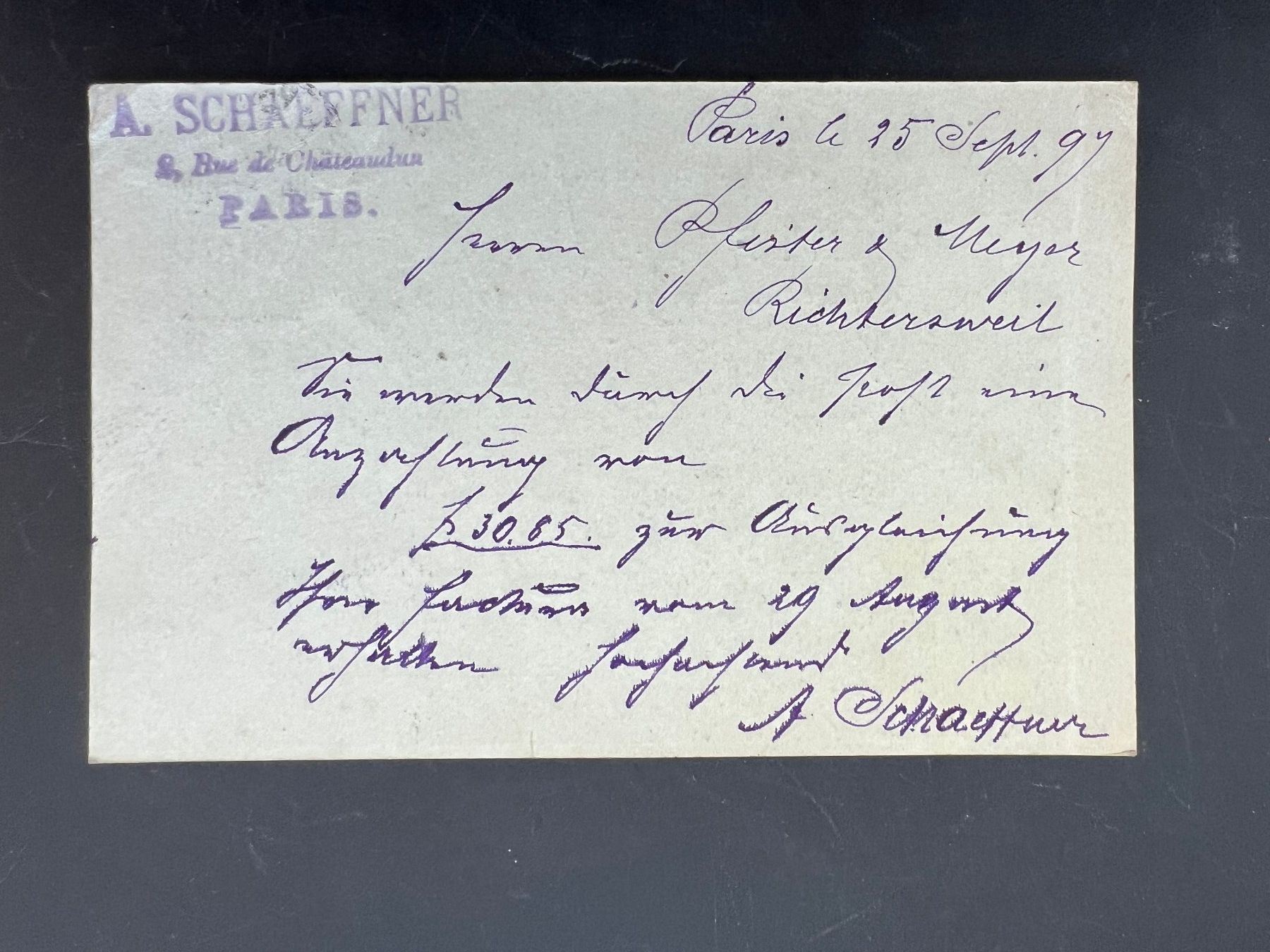 Postkarte 1897 Paris mit Firmenstempel (G176) (Gebraucht) in Hinwil für ...