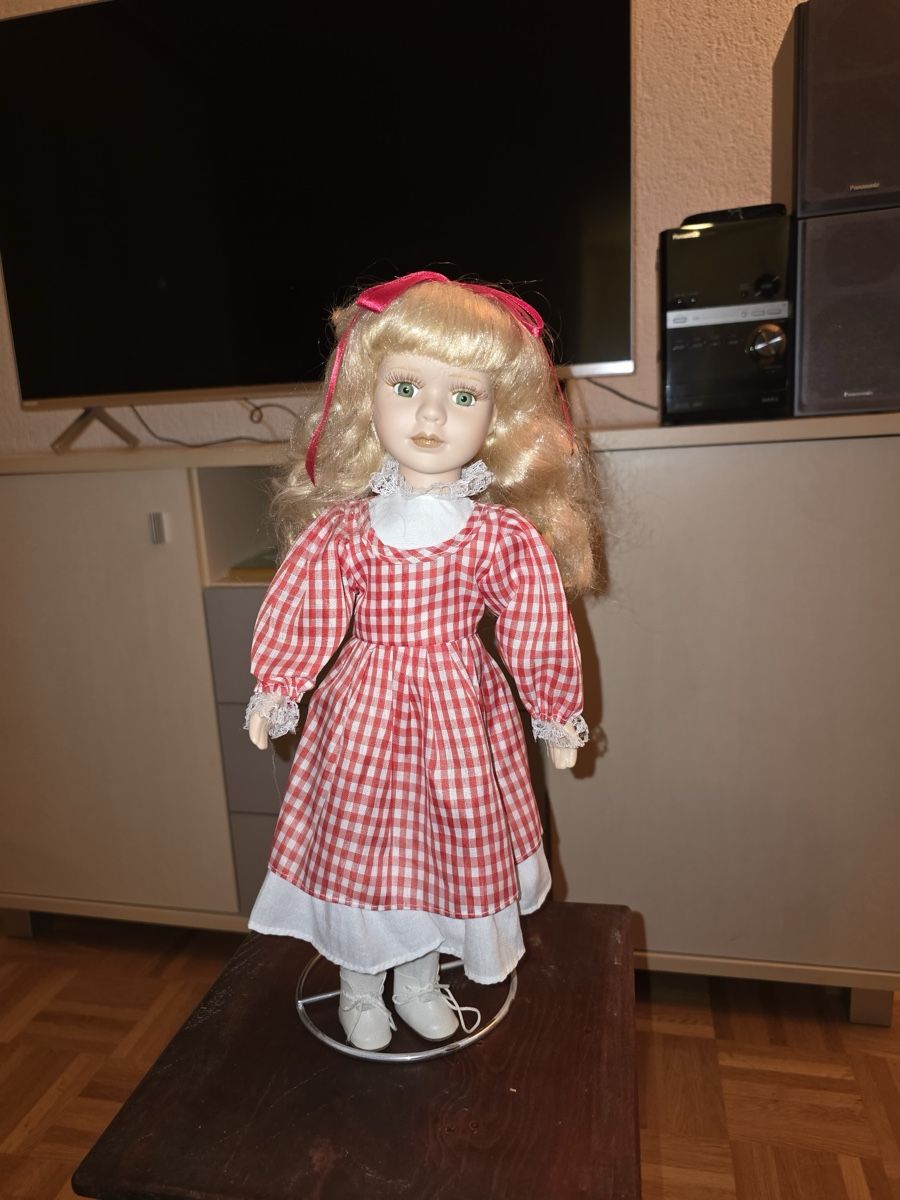 Porzellanpuppe mit blonden Haaren und rotem Kleid, Vintage (Gebraucht ...