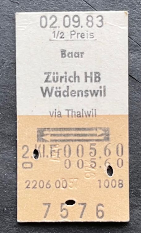 Baar Zürich HB Wädenswil via Thalwil / Billett 1983 (Gebraucht) in Wabern für CHF 1.6 – mit ...