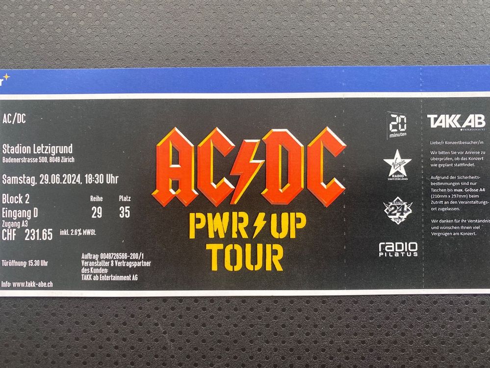 1x AC/DC Sitzplatz (1. Kat.), Zürich Letzigrund 29.6.2024 (Neu und ...