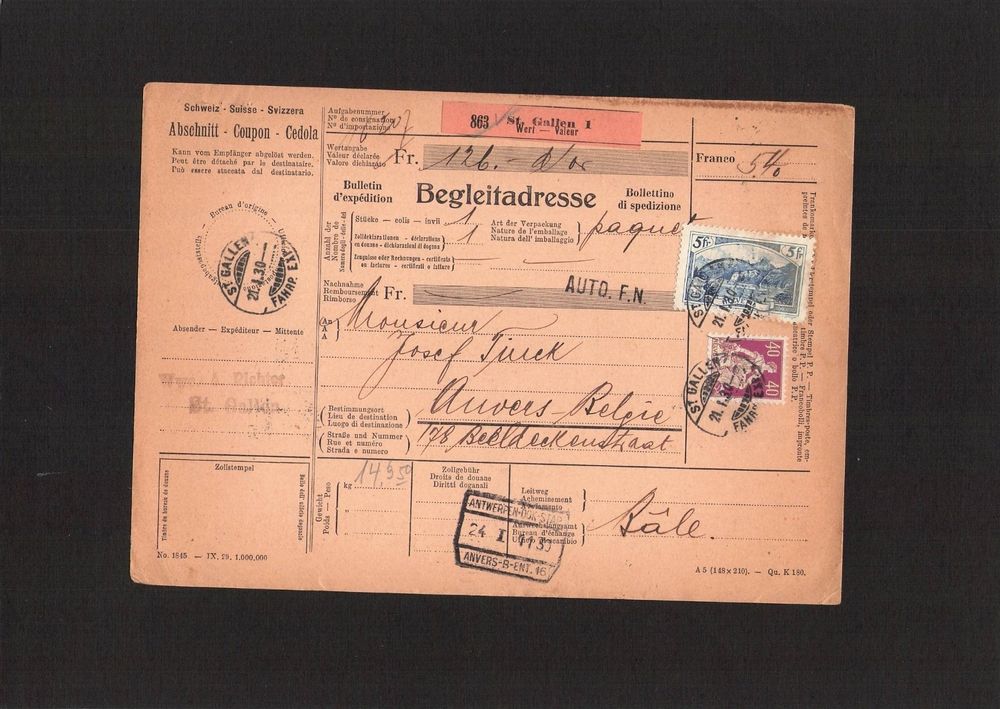 Begleitadresse St.Gallen - Belgien/Anvers mit Nr.112 + 178!! | Kaufen ...