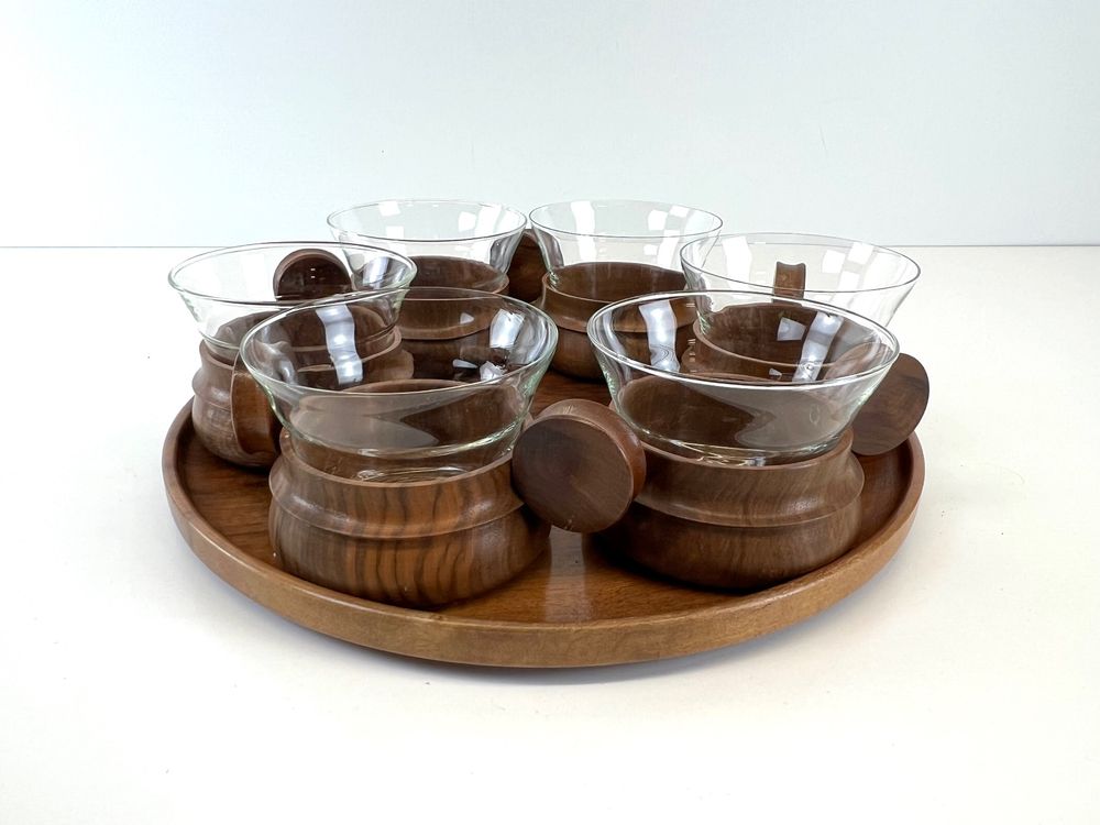 Vintage SCHOTT VERRAN Teeservice 6 Gläser mit Teakholzhalter (Gebraucht ...