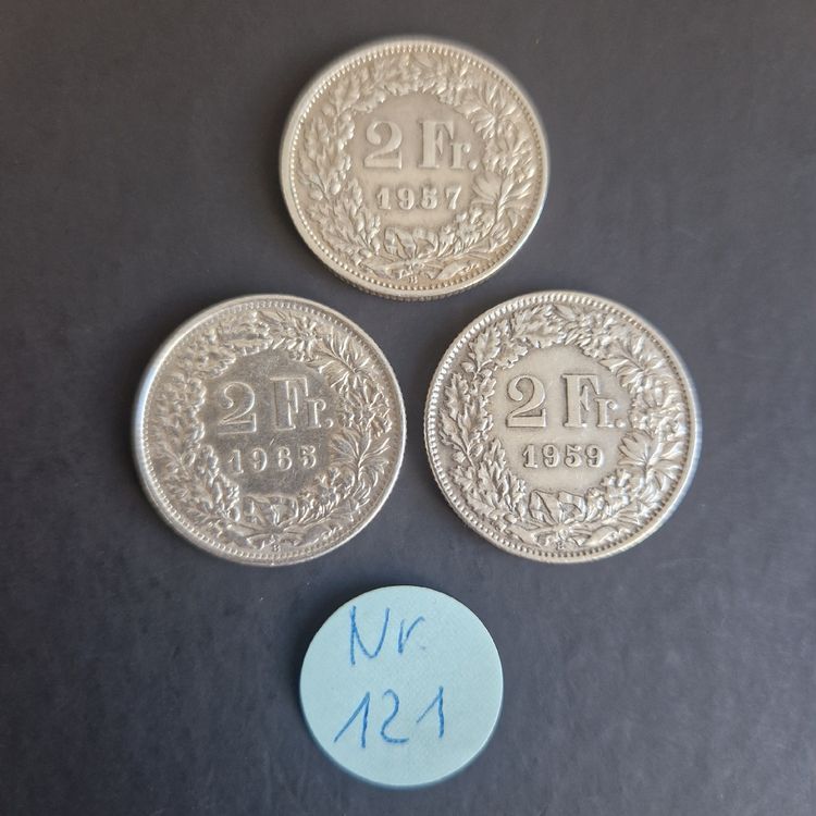 3 Silbermünzen 2 Franken Helvetia 1957/59/65 Schweiz (Gebraucht) in Stans für CHF 18 – mit ...