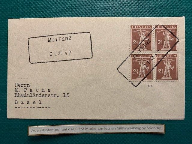 1942;Brief m. Aushilfsstempel auf 21 /2 Tell-Marke "Muttenz" (Gebraucht) in Reinach BL für CHF ...