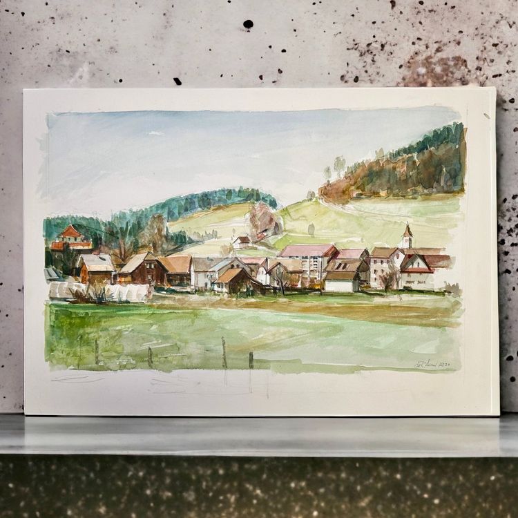 Christoph R. Aerni 1990 Aquarelle sur carton paysage village (Gebraucht) in Morges für CHF 100 ...