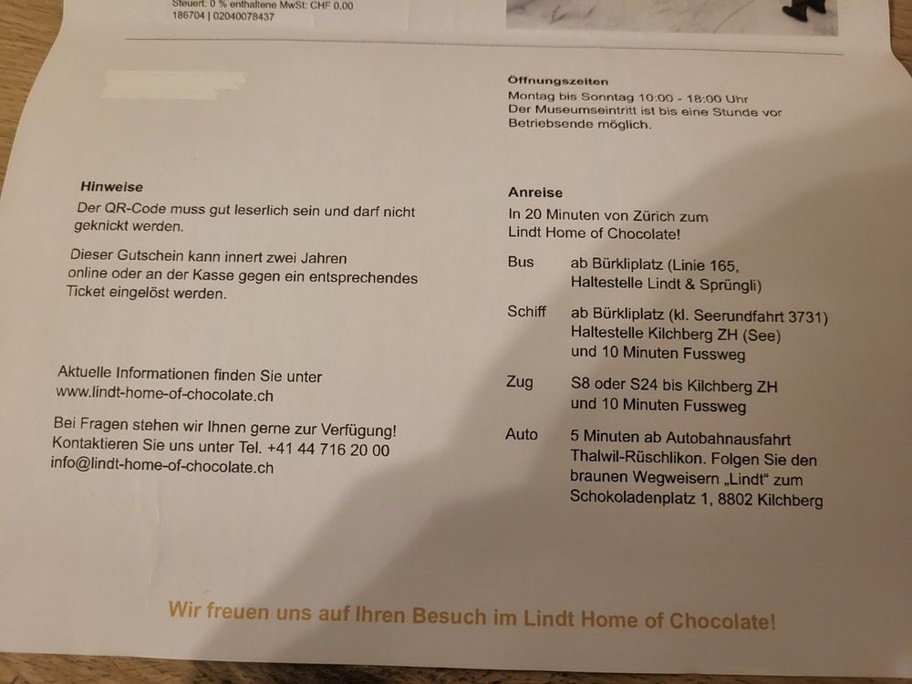 2 Lindt Home of Chocolate Museum Kilchberg *** Ab 1 CHF *** (Neu ...