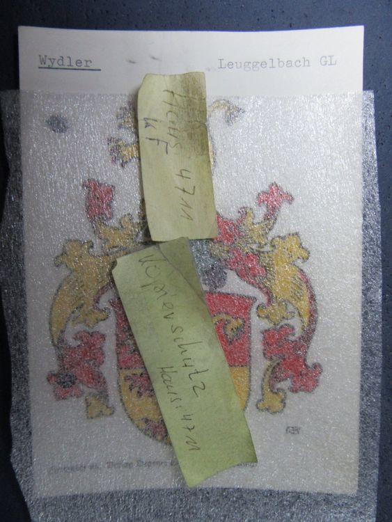 WYDLER LEUGGELBACH GL FAMILIENWAPPEN KARTE ALT HANDBEMALT (Gebraucht ...