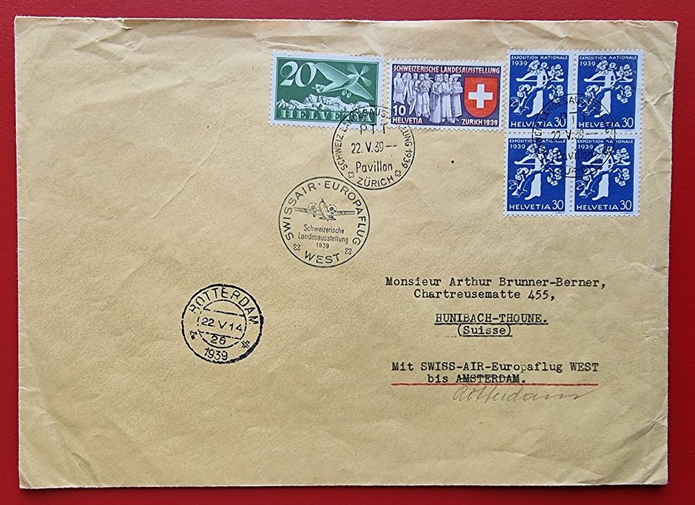 SWISSAIR LANDI 235 VIERERBLOCK FLUG ROTTERDAM HÜNIBACH 1939 (Gebraucht) in Düdingen für CHF 7 ...