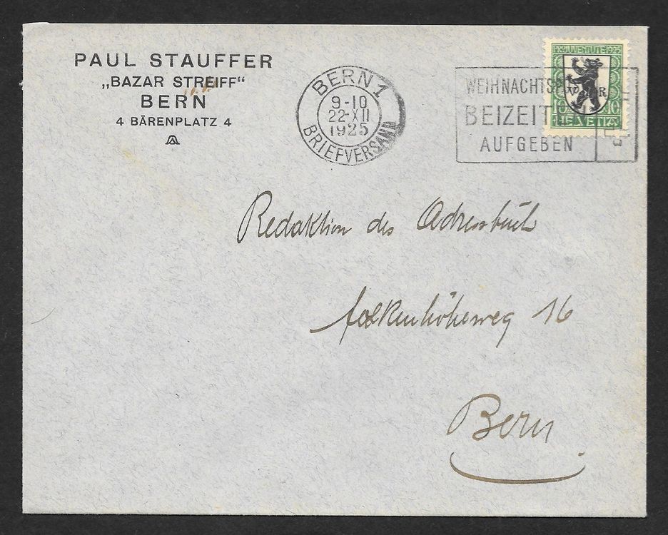 Bern illustr. Brief Paul Stauffer Bazar Streiff 22.12.1925 (Gebraucht ...