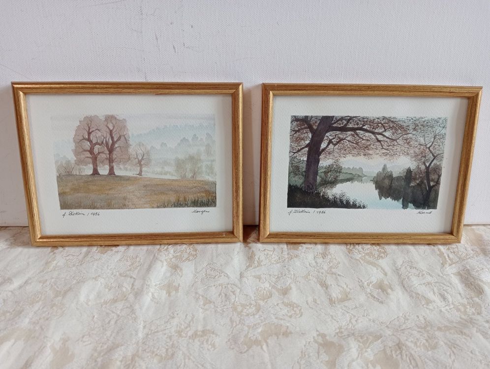 2 Aquarelle F. Dietlein 1986 gerahmt Holz Goldfarben (Gebraucht) in ...
