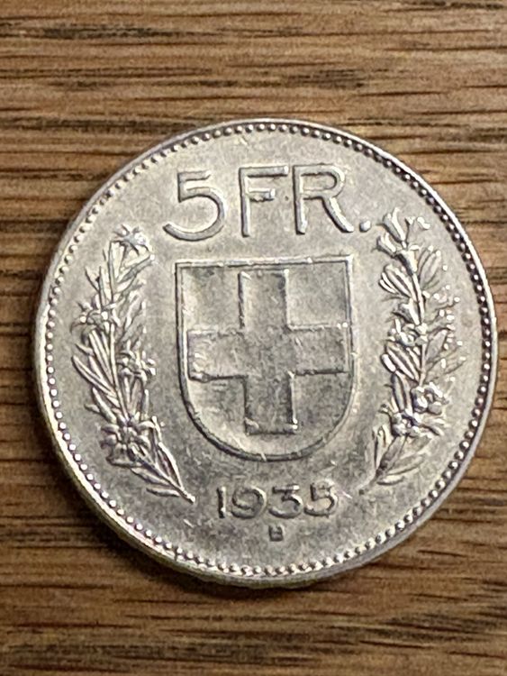 Silbermünze 5 Franken 1935 B Schweizer Münze Jahrgangsmünze (Gebraucht ...