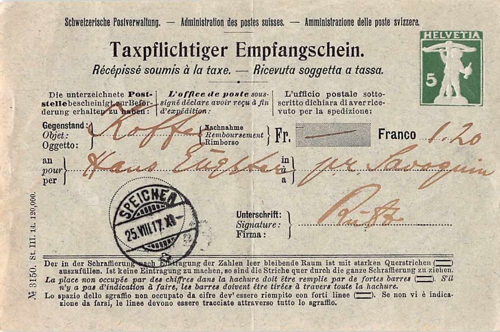 Taxpflichtiger Empfangsschein mit TELLBUEB 1917 (Gebraucht) in Lufingen ...