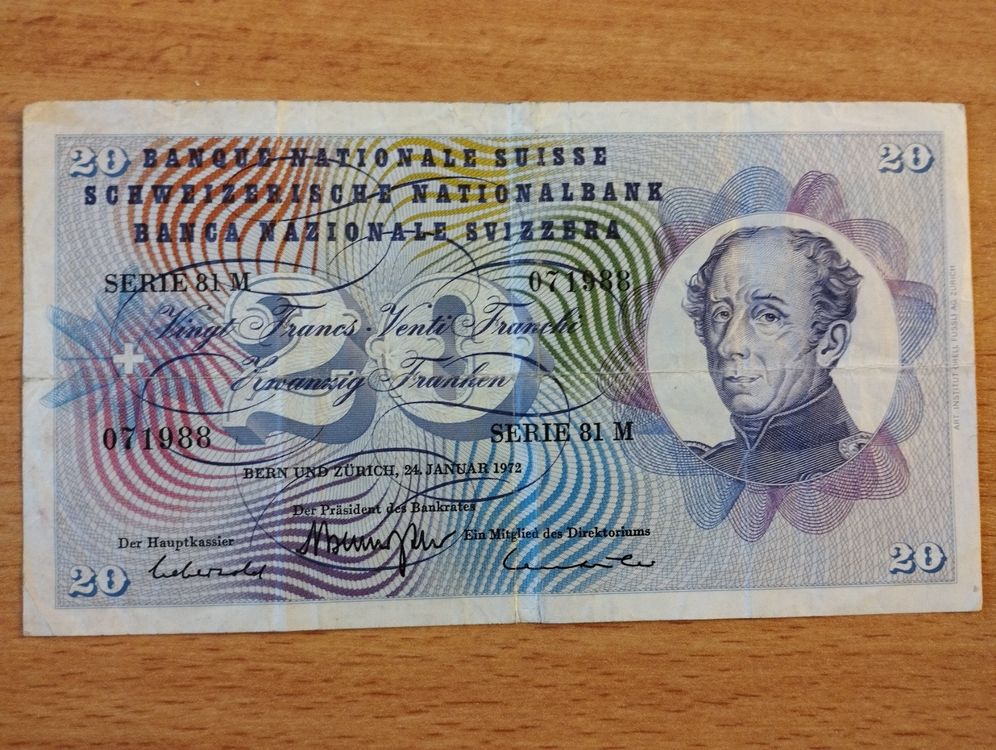 Schweizer Banknote CHF 20.00 - Serie 81 M - 1972 (Gebraucht) in Zürich ...