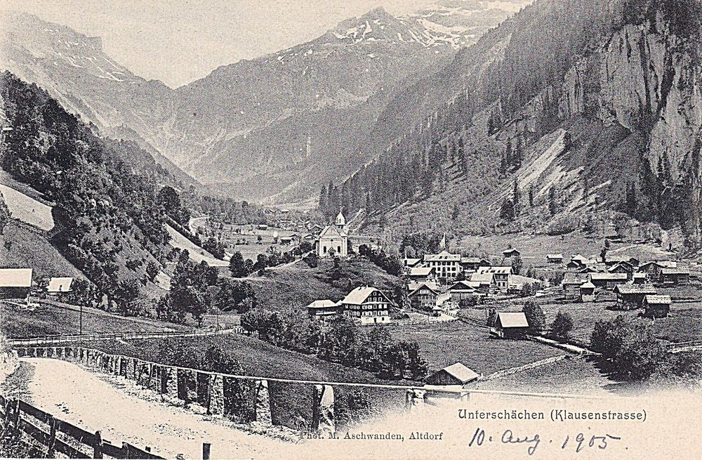 Unterschächen (Uri) Dorfansicht mit Klausenstrasse. 1905 (Gebraucht) in Schlieren für CHF 5 ...