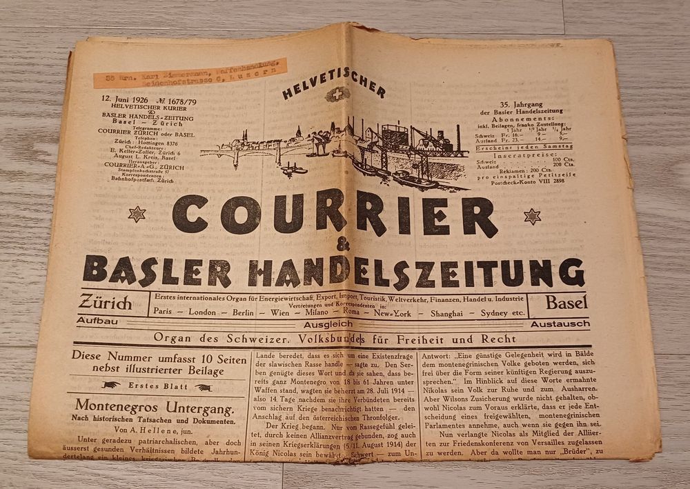 Antike Zeitung BASLER HANDELSBLATT Courrier 1926 (Gebraucht) in Brittnau für CHF 5 – mit ...