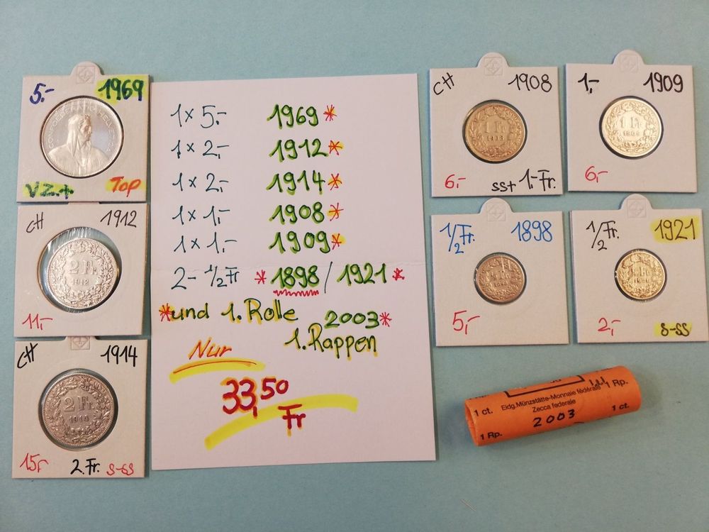 Schweizer Silbermünzen 5Fr/2Fr/1Fr/50Rp/1 Rp. Rolle (Gebraucht) in Engi für CHF 31.5 – mit ...