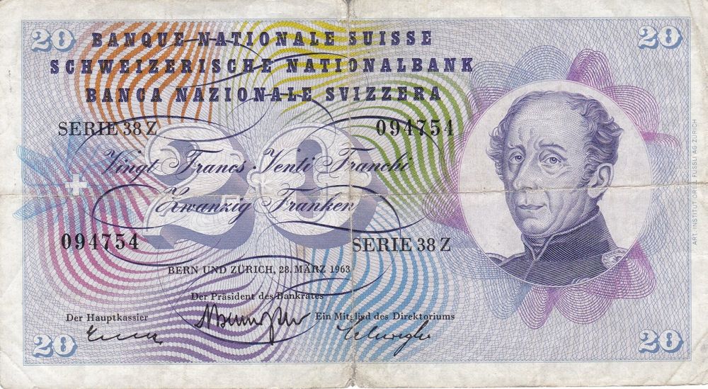 Alte 20 Fr. Schweizer Banknote Jahrg. 1963 (Gebraucht) in Schlieren für ...