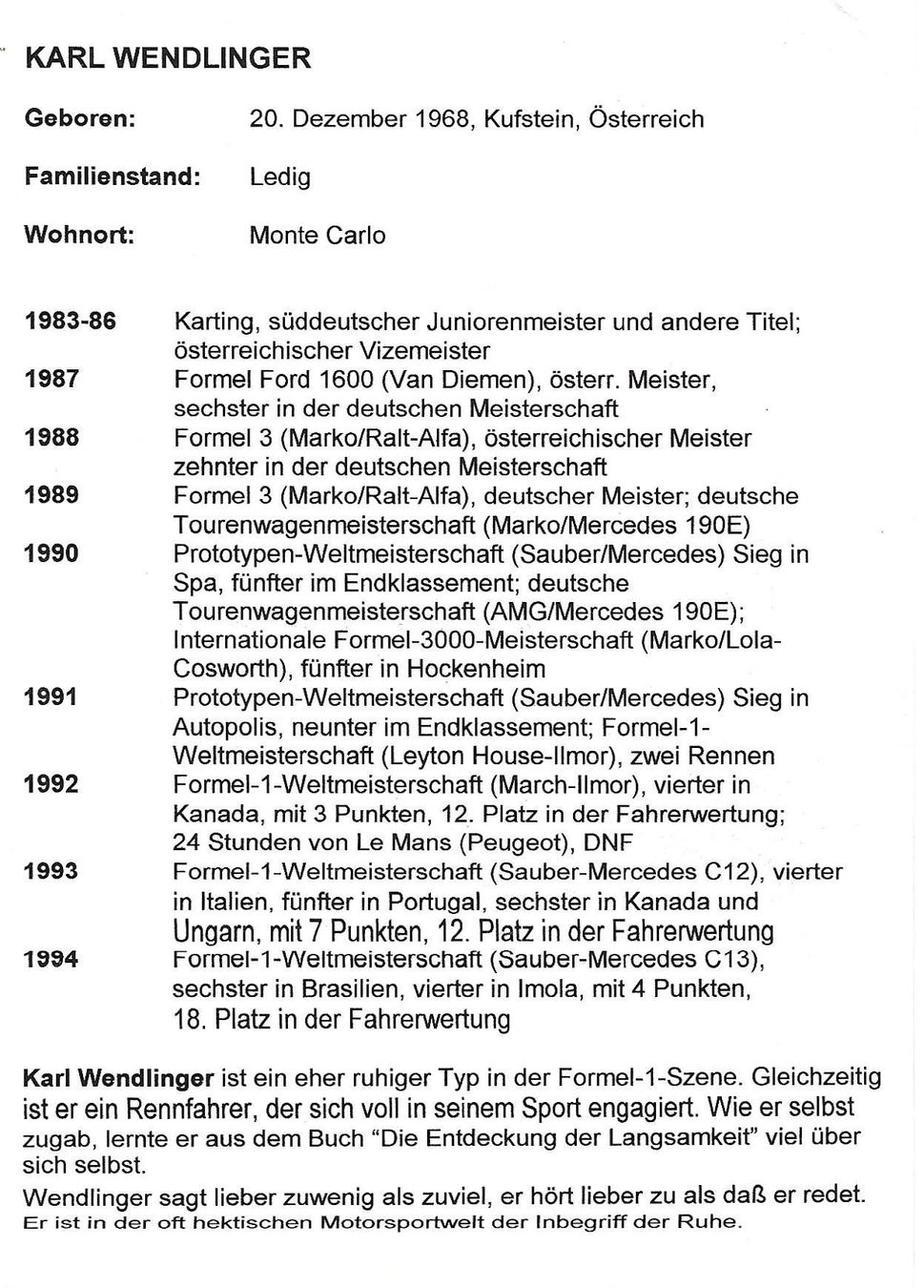 Autogrammkarte; Karl Wendlinger, Formel 1, Sauber (Gebraucht) in ...