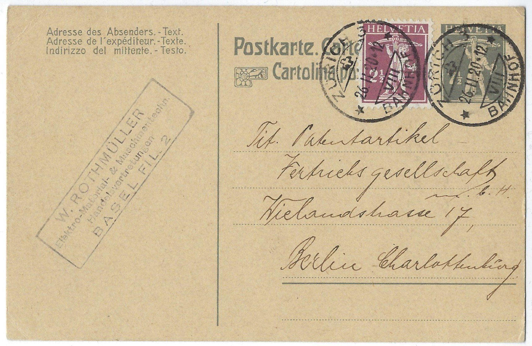 1920 Postkarte Kat-Nr. 68, Zürich nach Berlin, Deutschland (Gebraucht ...