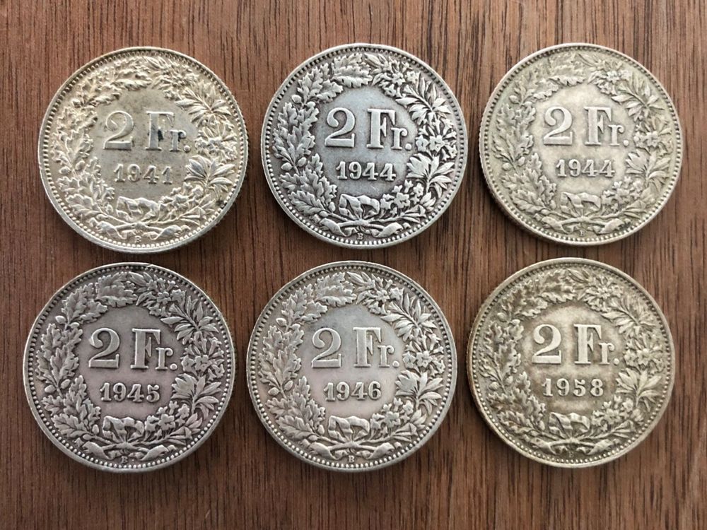 2 Franken Silbermünze, 1941, 1944 (2x), 1945, 1946, 1958 (Gebraucht) in Jegenstorf für CHF 32 ...